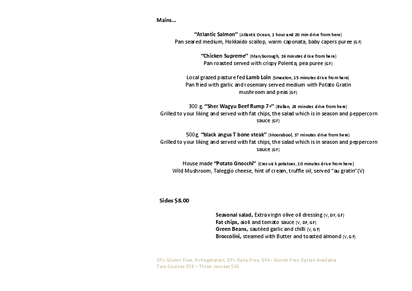 Menu at Three Founders restaurant, Creswick