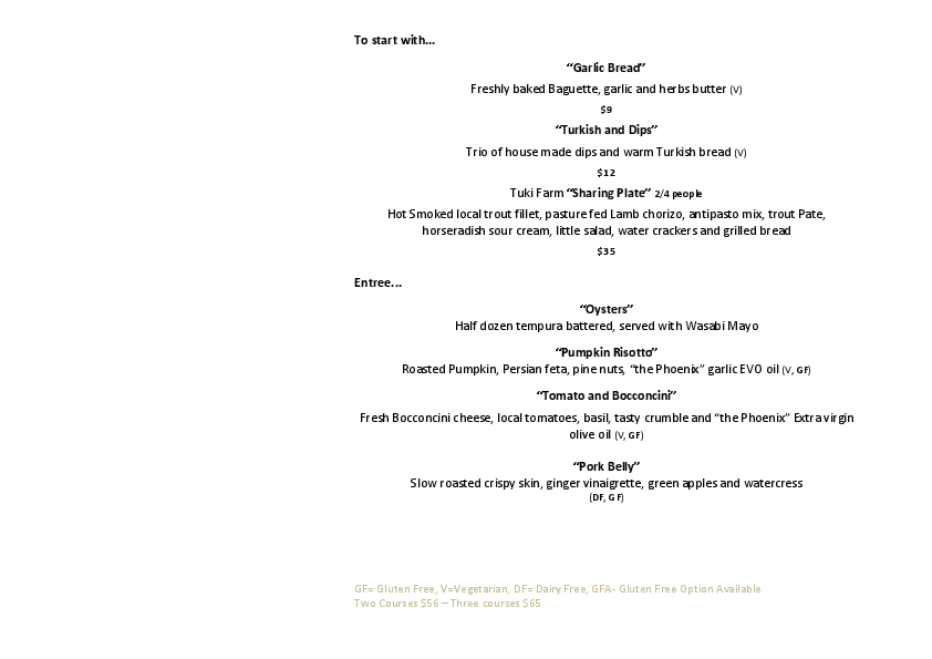 Menu at Three Founders restaurant, Creswick