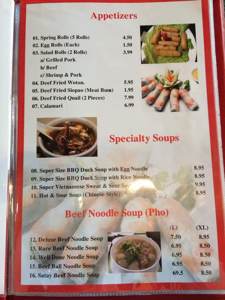Menu at Vi-ann restaurant, Winnipeg