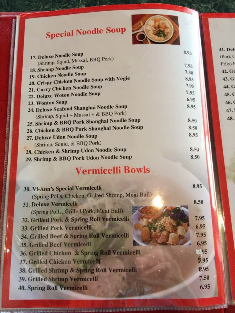 Menu at Vi-ann restaurant, Winnipeg