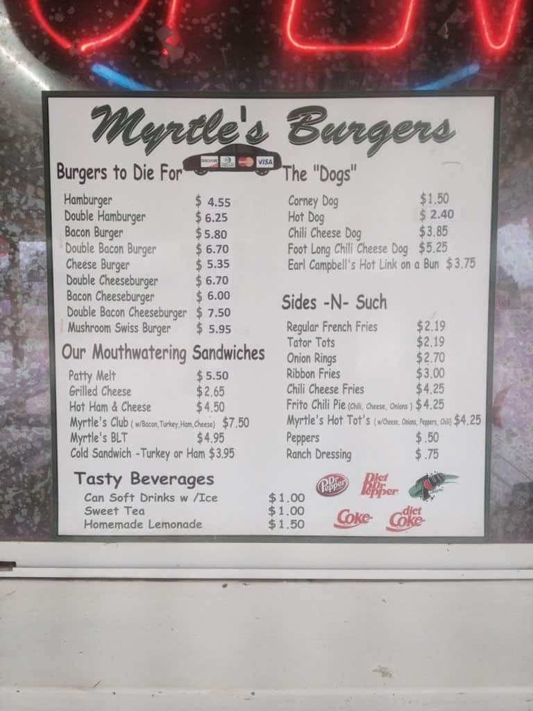 Menu at Myrtle's Burgers restaurant, Burleson, FM1187 # B