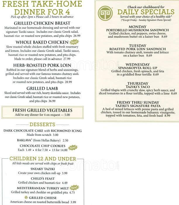 Menu at Taziki's Mediterranean Cafe - Northglenn, Northglenn, 100 E ...
