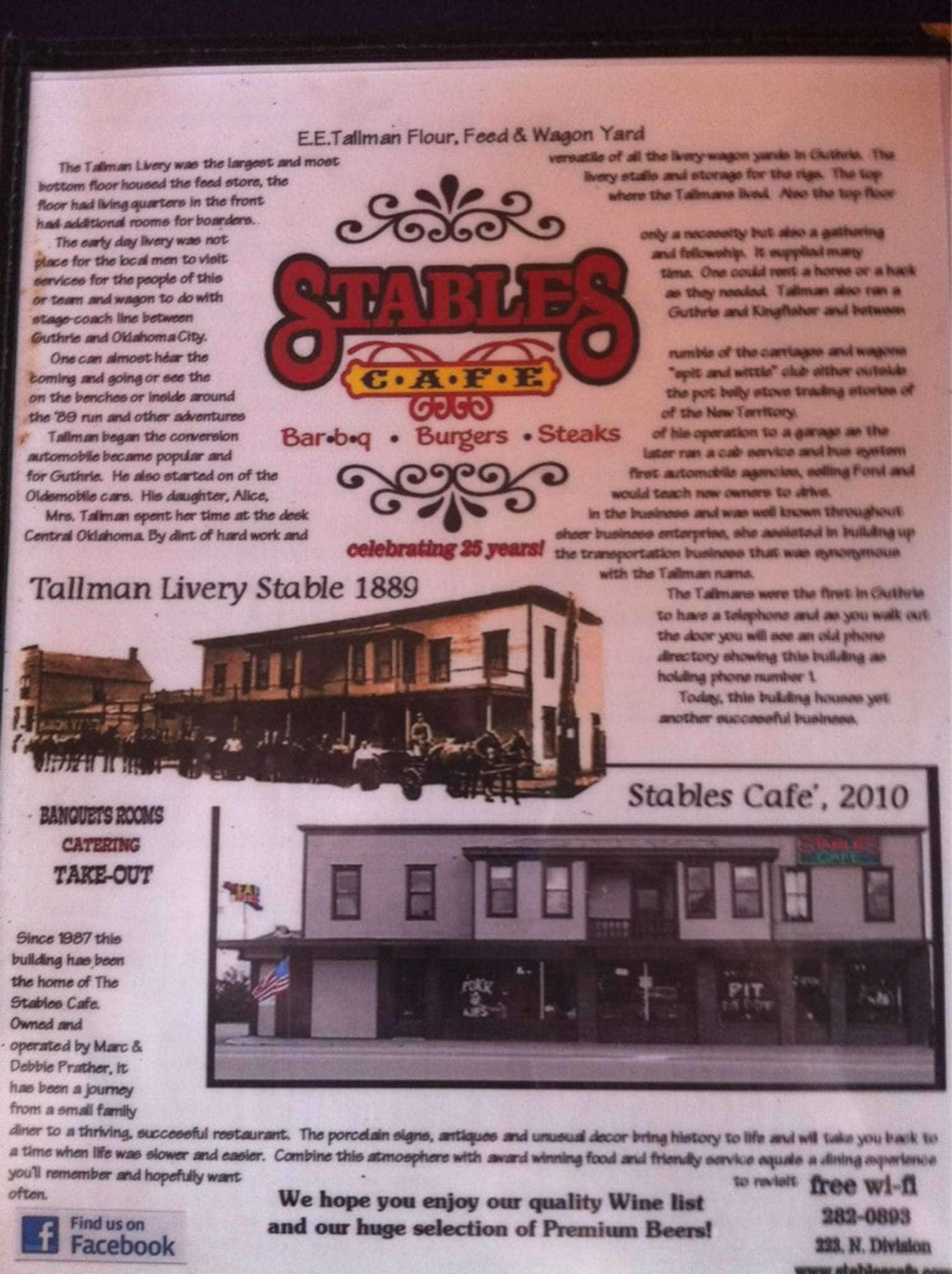 Menu at Stables Cafe, Guthrie