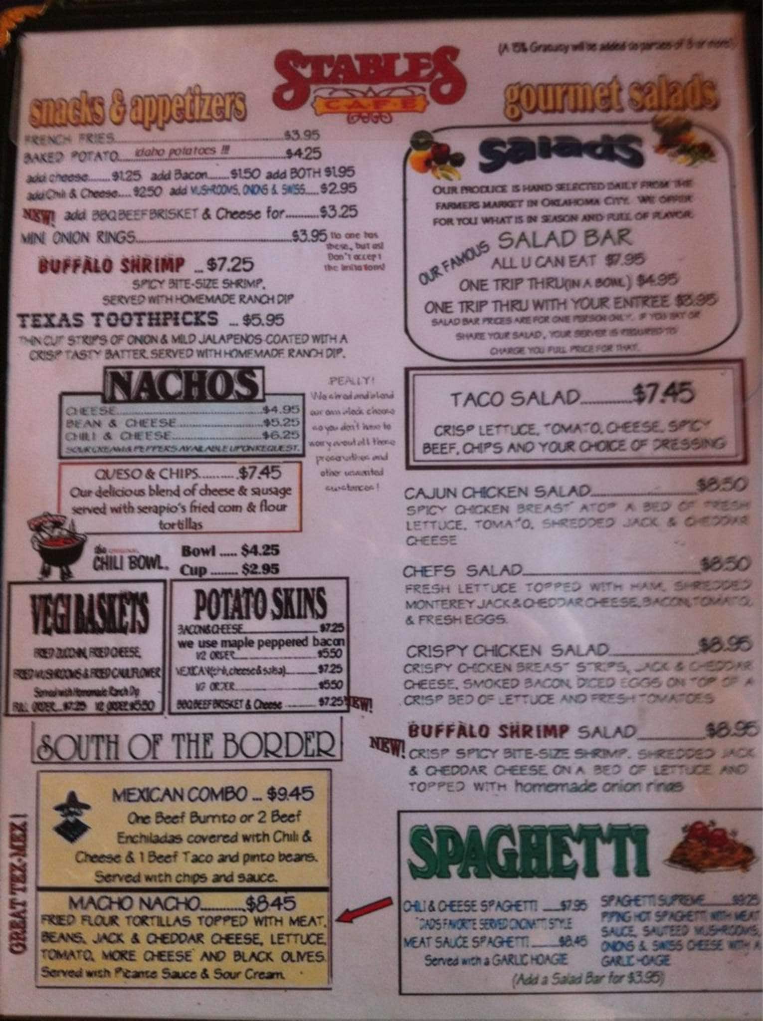 Menu at Stables Cafe, Guthrie