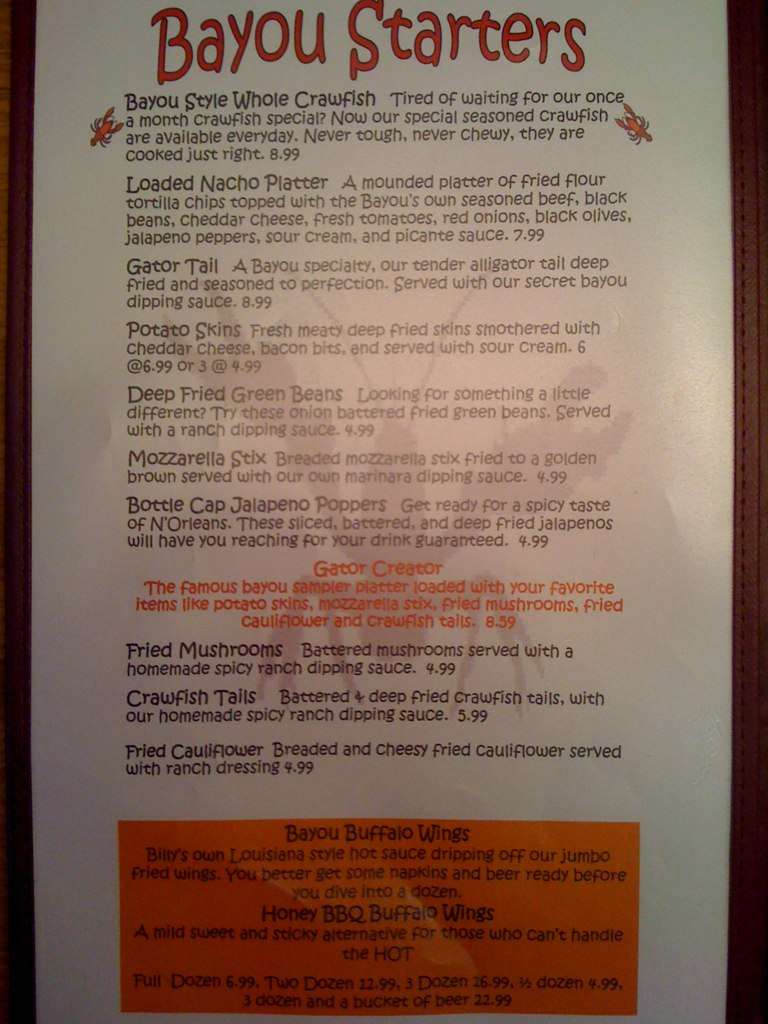Menu at The Bayou Cajun Smokehouse pub & bar, USA