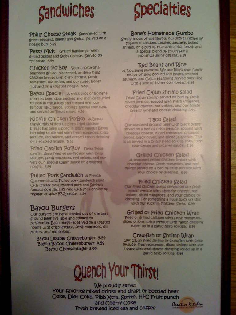 Menu at The Bayou Cajun Smokehouse pub & bar, USA