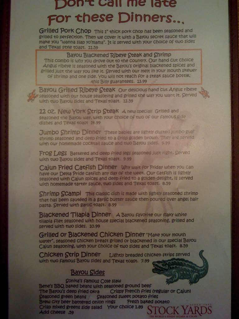 Menu at The Bayou Cajun Smokehouse pub & bar, USA
