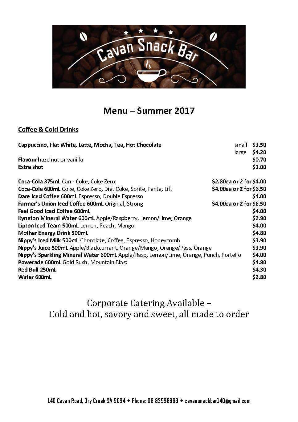 Menu at Cavan Snack Bar, Gepps Cross