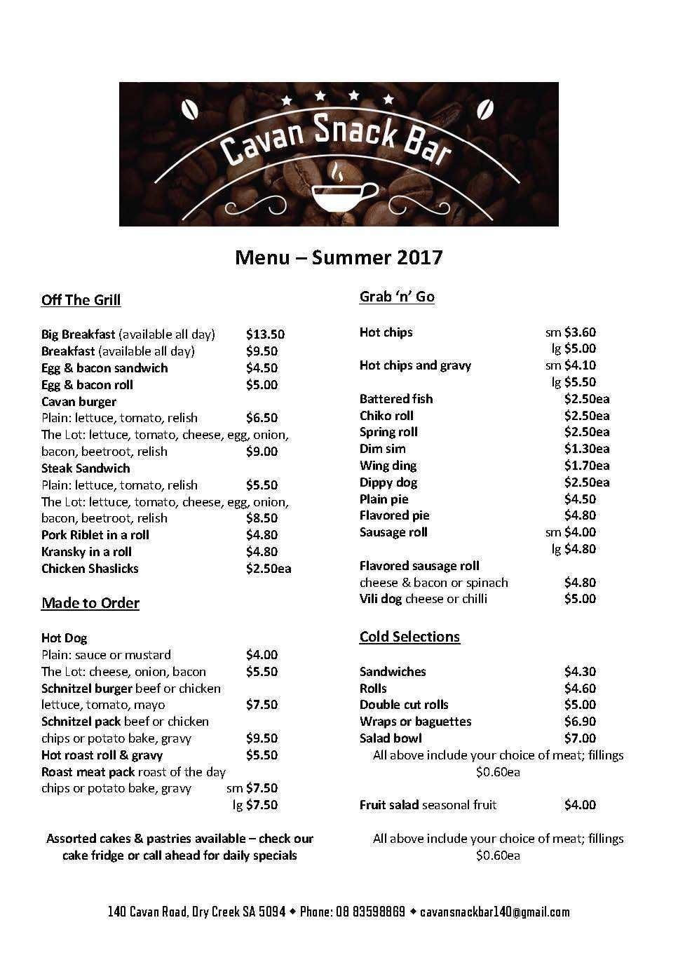 Carta de Cavan Snack Bar, Dry Creek