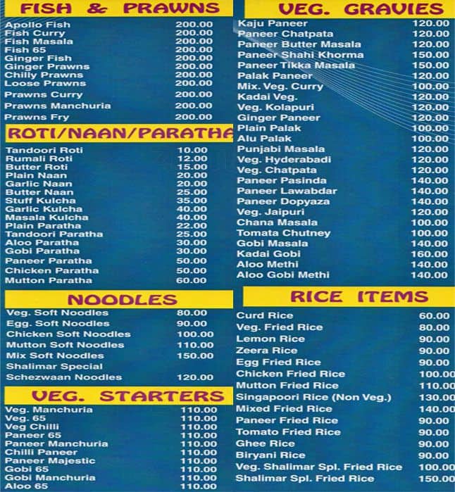 Menu at Shalimar Hotel, Secunderabad, Opposite SBI Bank