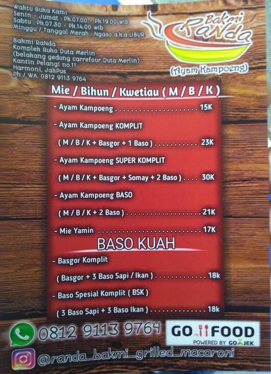 Menu at Bakmi Randa restaurant, Jakarta