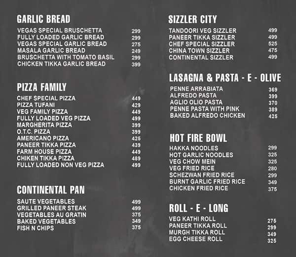 Menu at Midnight Vegas, Jaipur