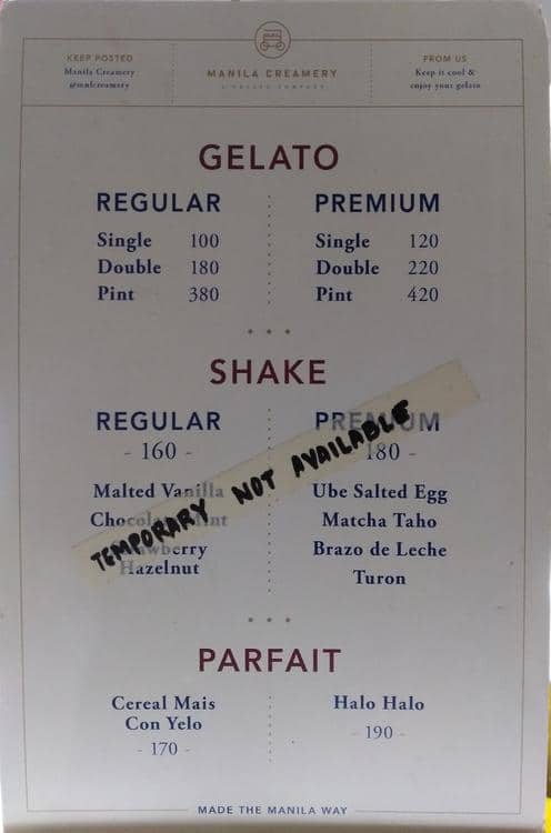Menu at Manila Creamery desserts, Quezon City, 2/F Ayala Malls Vertis North