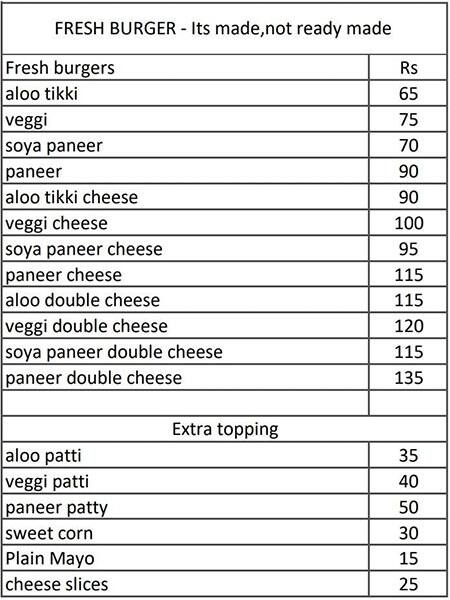 Menu of Fresh Burger, Sinhgad Road, Pune