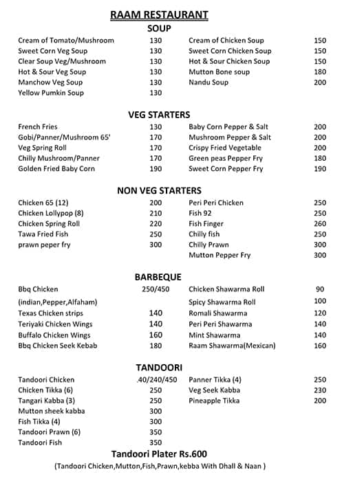 Menu of Raam Restaurant, Thillai Nagar, Trichy
