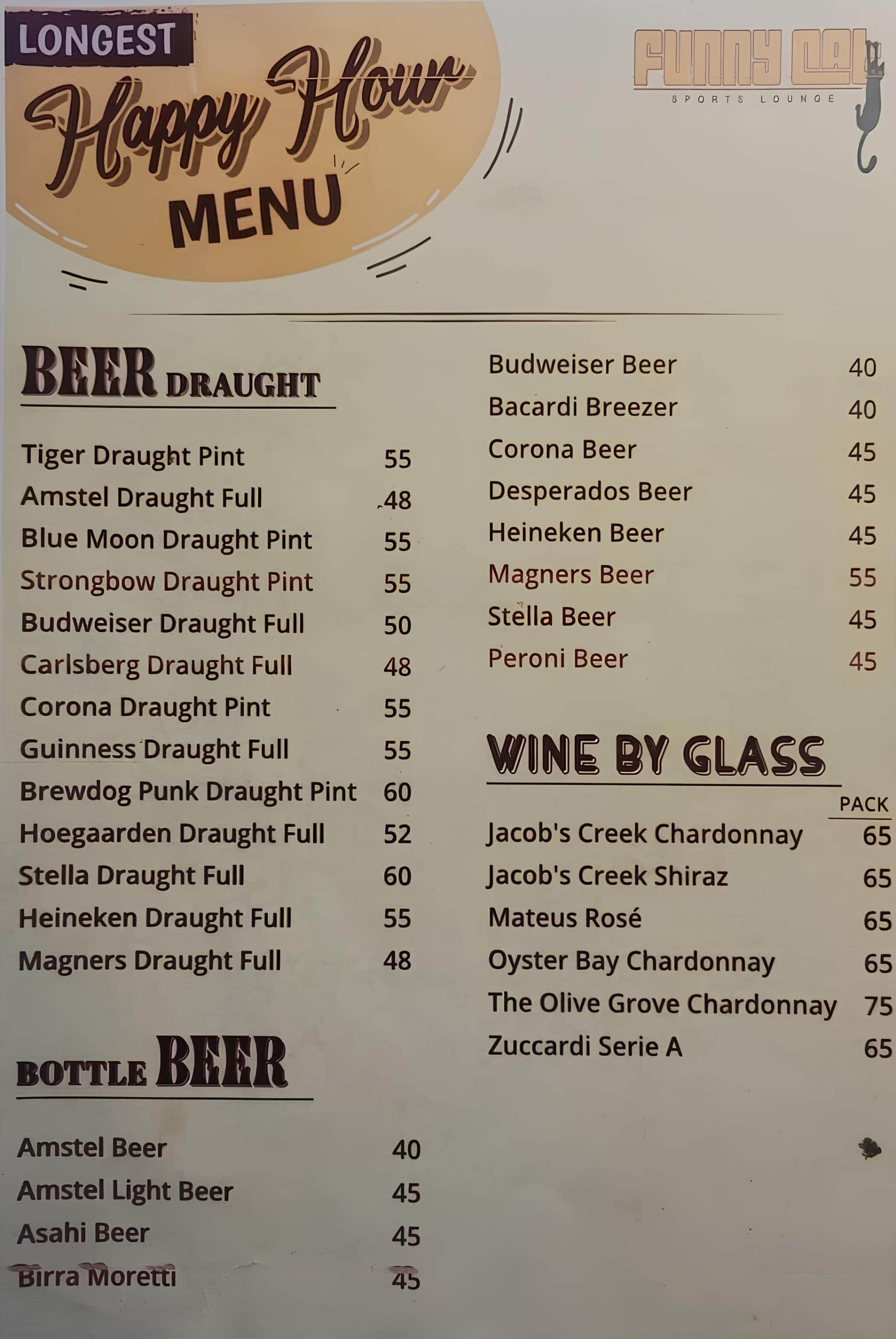 Menu of Funny Cat Sports Lounge, Business Bay, Dubai