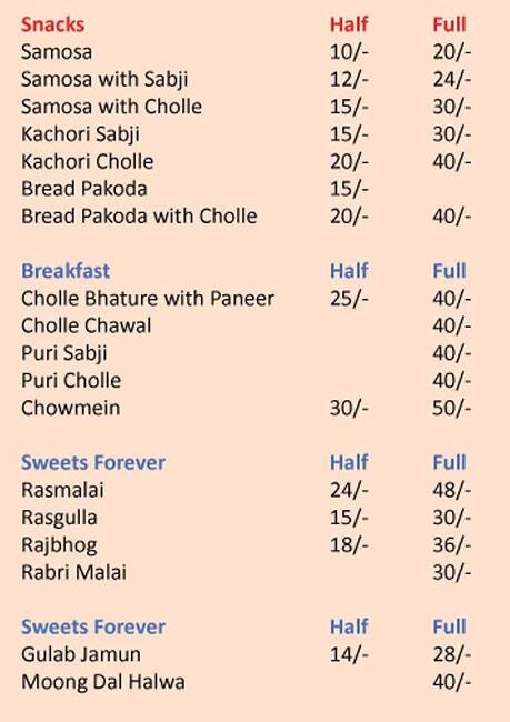 Menu of Sharma Ji Sweets, Nilothi, New Delhi