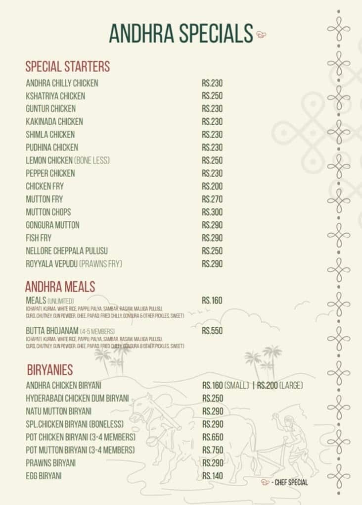 Menu of Vindhu Restaurant, Indiranagar, Bangalore