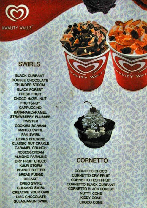 Menu at Kwality Walls Swirl's, Coimbatore