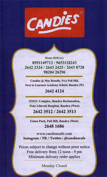 Menu of Candies, Pali Hill, Bandra West, Mumbai