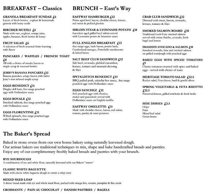 Menu at Eastway Brasserie restaurant, London, 40 Liverpool St