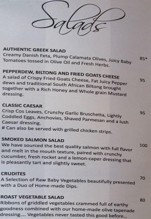 Menu at The Clipper restaurant, Cape Town
