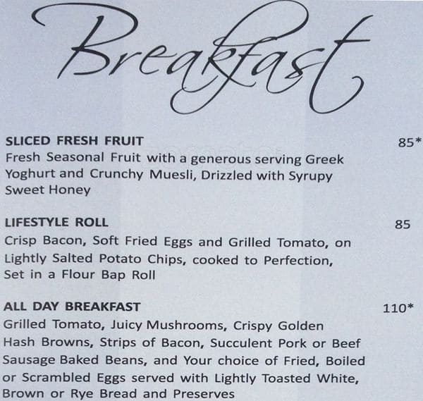 Menu at The Clipper restaurant, Cape Town