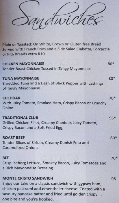 Menu at The Clipper restaurant, Cape Town