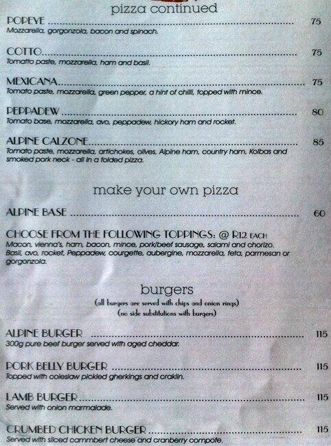 Menu at Alpine Restaurant, Randburg