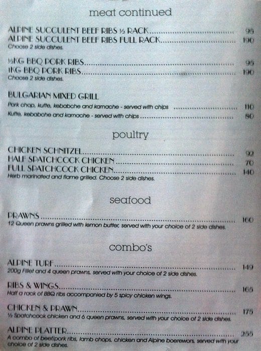 Menu at Alpine Restaurant, Randburg