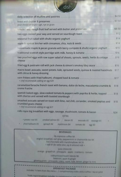 Menu at Dish Restaurant, Melbourne