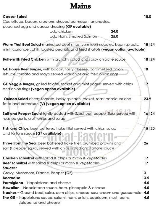 Menu at Great Eastern Hotel pub & bar, Littlehampton