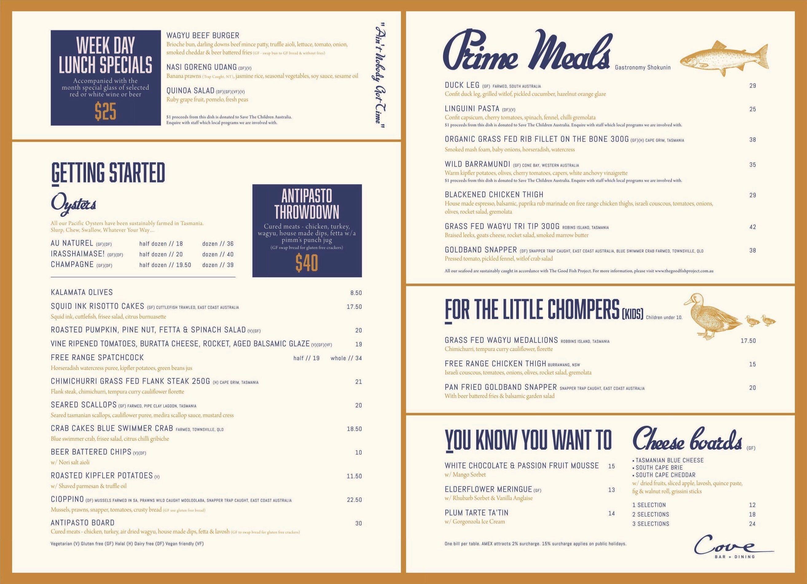 Menu at Cove Bar & Dining, South Brisbane, 35 Sidon St