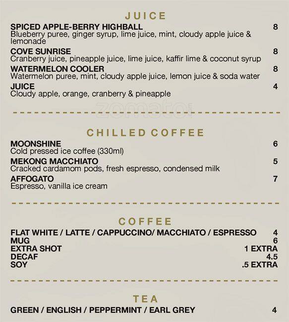 Menu at Cove Bar & Dining, South Brisbane, 35 Sidon St