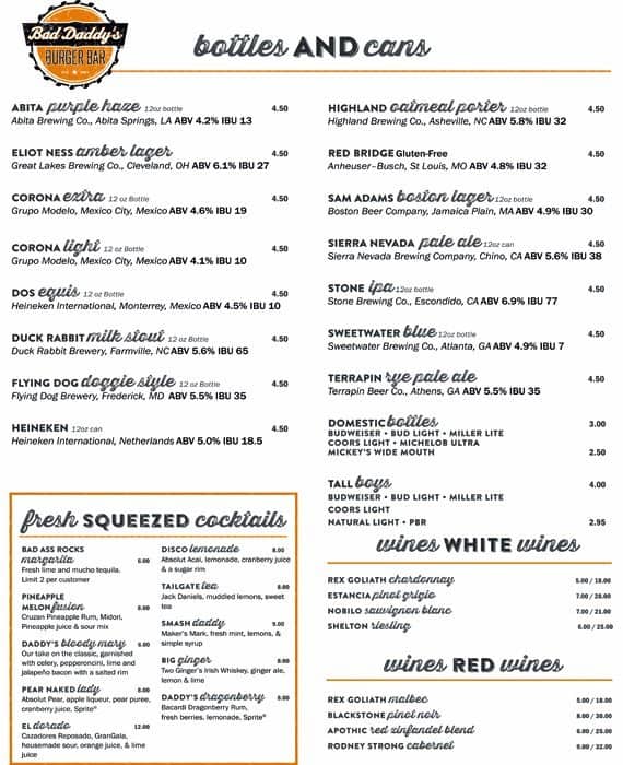 Menu at Bad Daddy's Burger Bar, Charlotte, C Josh Bringham Concourse C