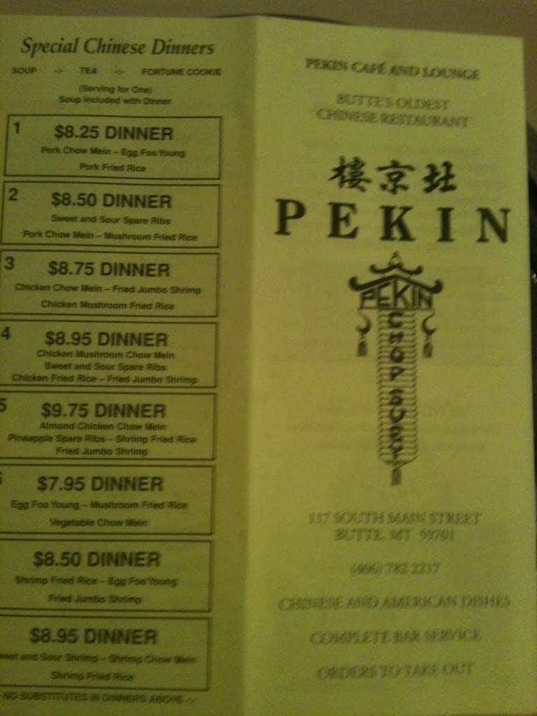 Menu at Pekin Noodle Parlor restaurant, Butte