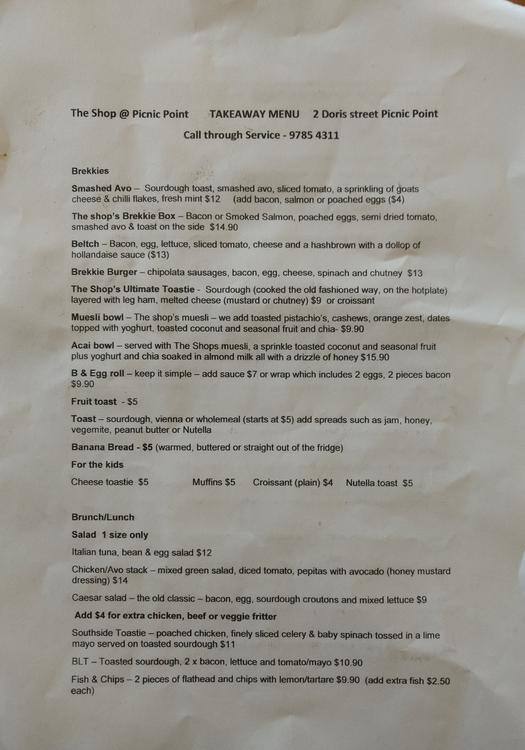 Menu at The Shop cafe, Picnic Point
