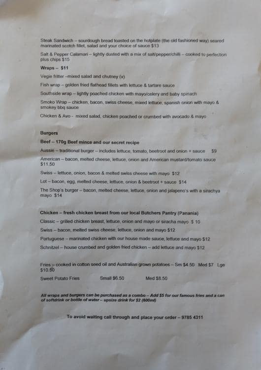 Menu at The Shop cafe, Picnic Point