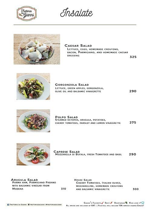 Menu at Trattoria da Gianni restaurant, Cebu City, The Crossroads