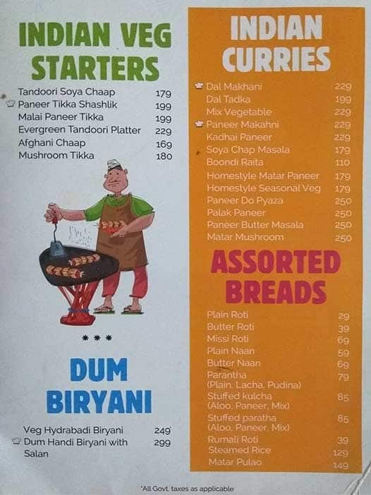 Menu at Evergreen Dwarka, New Delhi