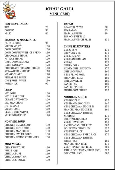 Menu of Khau Galli, Manish Nagar, Nagpur