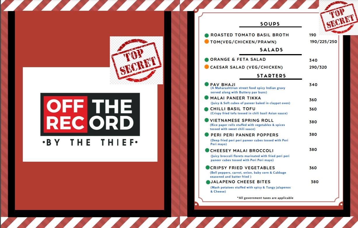 Menu at Off The Record, Chennai