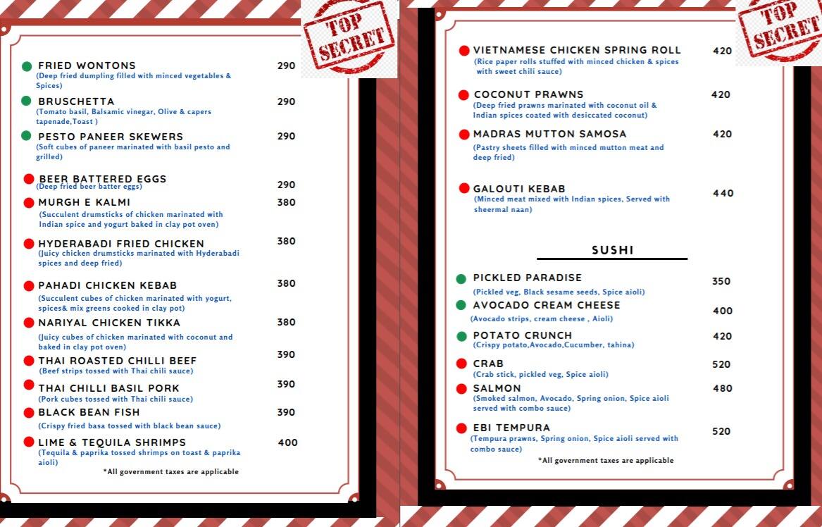 Menu at Off The Record, Chennai