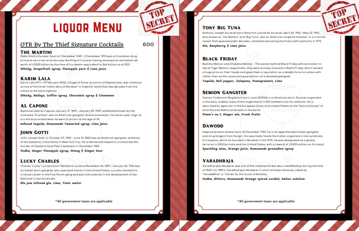 Menu at Off The Record, Chennai