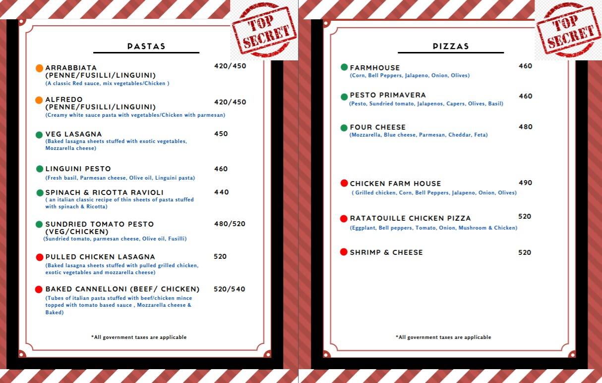 Menu at Off The Record, Chennai