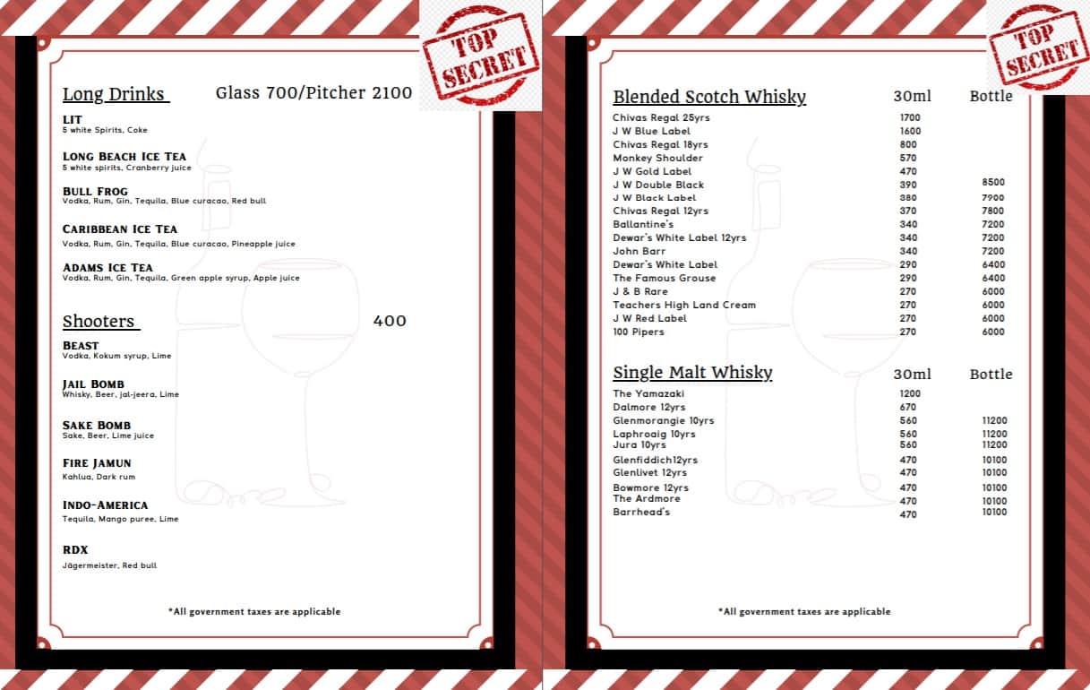 Menu at Off The Record, Chennai