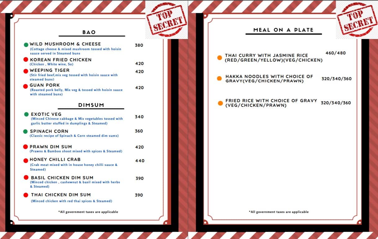 Menu at Off The Record, Chennai