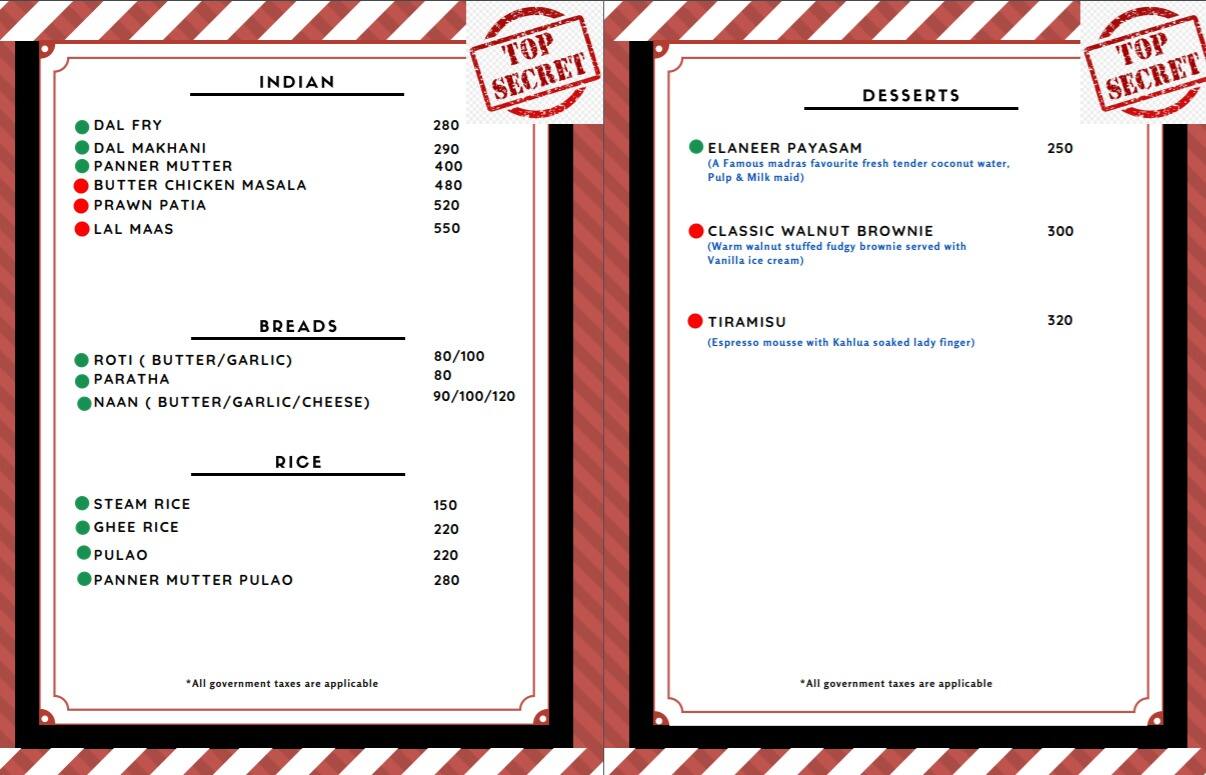 Menu at Off The Record, Chennai