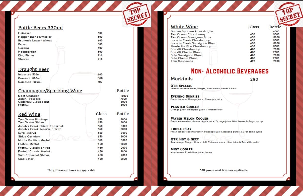 Menu at Off The Record, Chennai