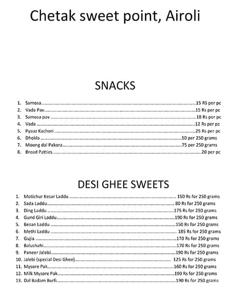 Menu of Chetak Sweet Point, Airoli, Navi Mumbai